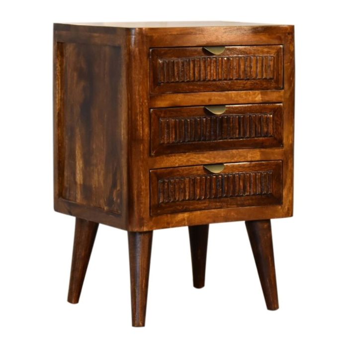 Nordic Style Leg Ridged Pattern 3 Drawers Bedside Table - Chestnut
