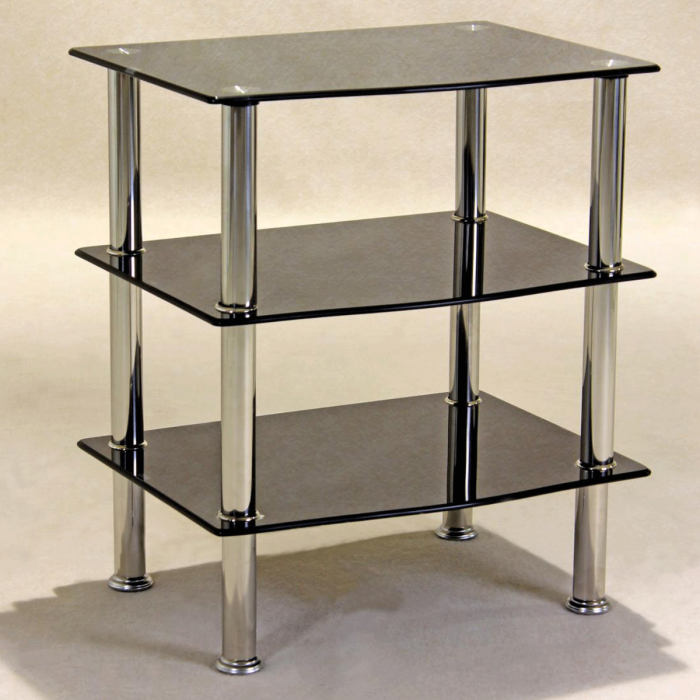 Beverley 3 Shelf TV Unit Tall Stainless Steel Stand with Black Glass Top