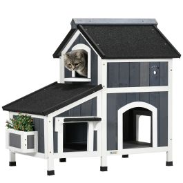 PawHutÂ WoodenÂ CatÂ HouseÂ OutdoorÂ with Flower Pot, 2 Tiers CatÂ ...