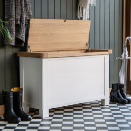 Chunky Oak Shoe Storage Trunk with Flip Lid Opening - White
