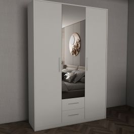 Wardrobe - WINSTEAD 3 Door Mirrored Wardrobe Matt White 135cm