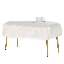 Footstool - Rectangular Upholstered Furry Faux Fur Footrest with Golden ...