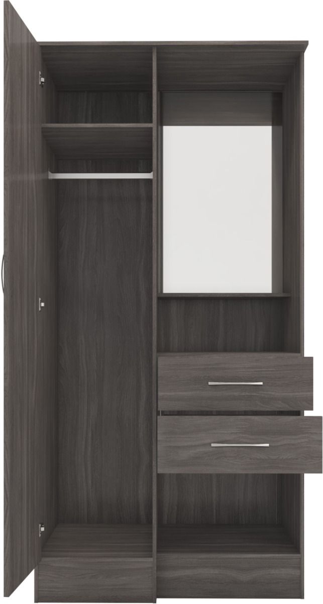 Wardrobe - NEWBIGGIN 1 Door 2 Drawer Mirrored Wardrobe Black Wood Grain ...