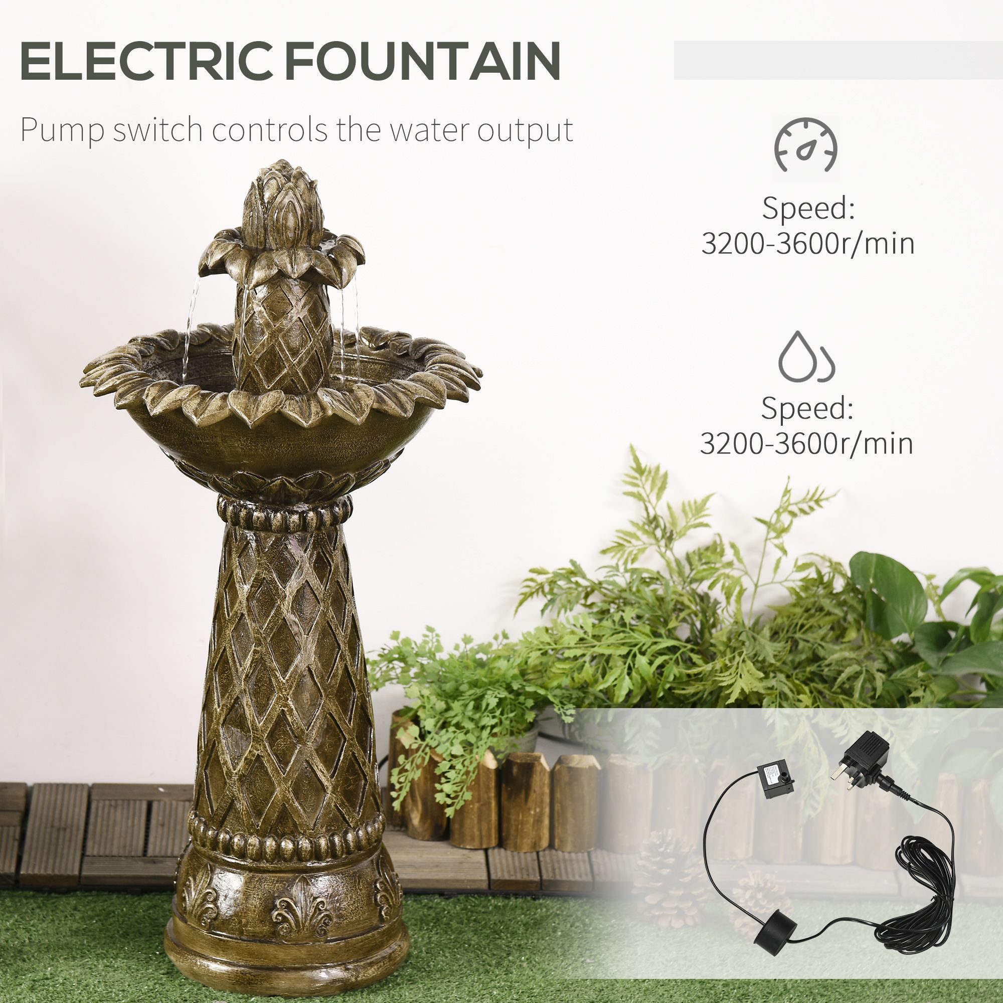 2-Tier Outdoor Waterfall Fountain, Freestanding Self-Contained Cascading Water Feature Garden ...