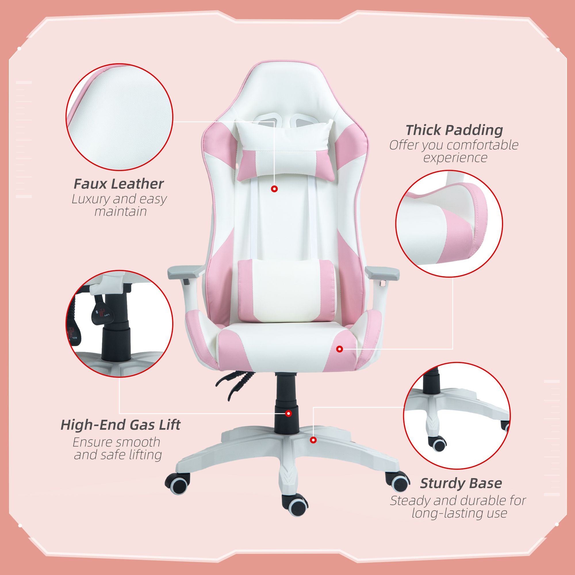 Scott Gaming Chair Racing Gamer Chair Reclining Faux Leather - Pink