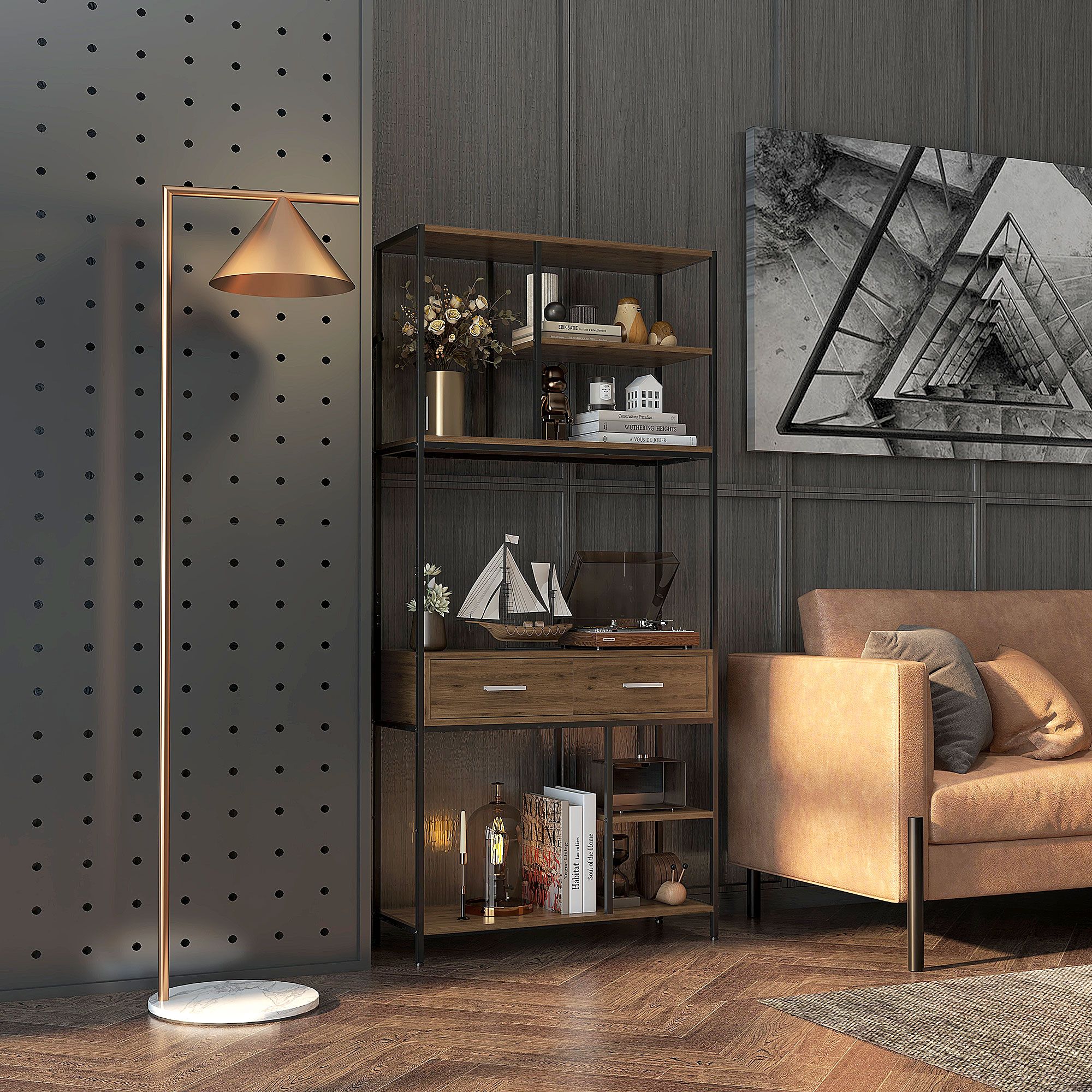 Scott Seven-Shelf Industrial Display Shelf with Drawers - Brown