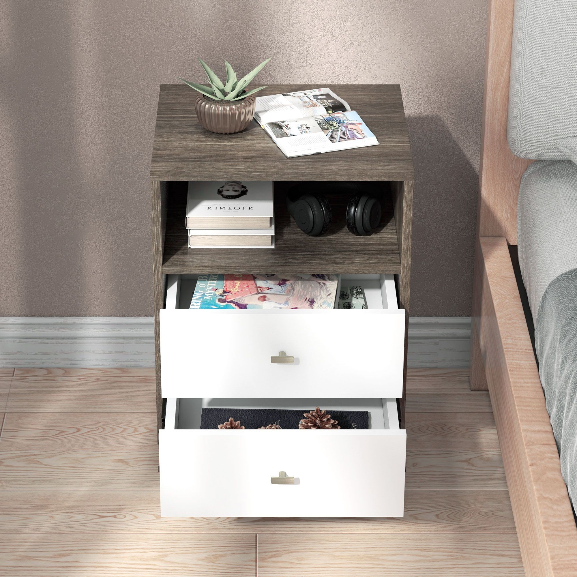 Scott Industrial-Scandinavian Bedside Table with Drawers and Shelf