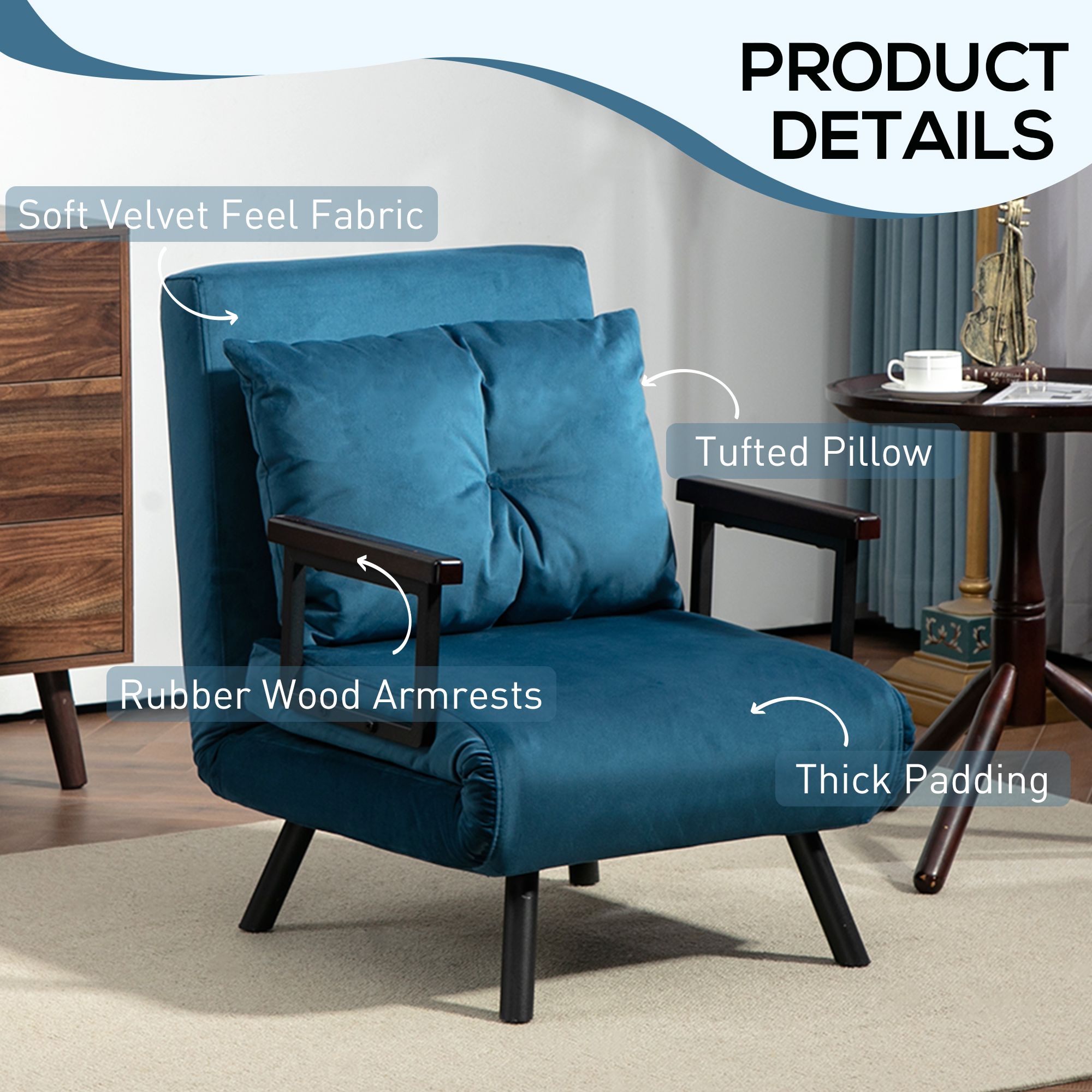 Scott Click Clack Chair Bed with 2 Cushions - Navy Blue