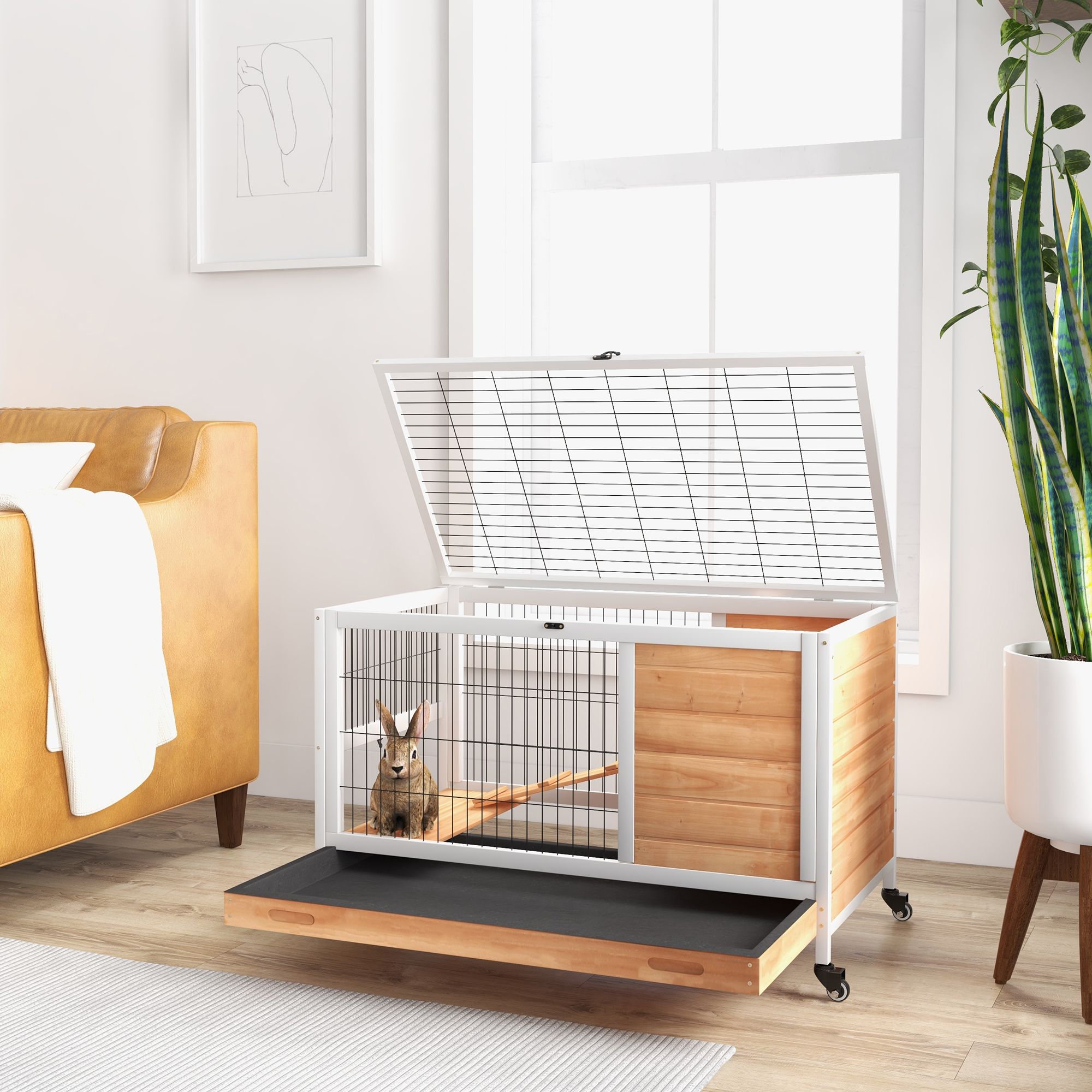 Shelley Wooden Indoor Rabbit Hutch 2 Floor Bunny Cage with Enclosed Run ...