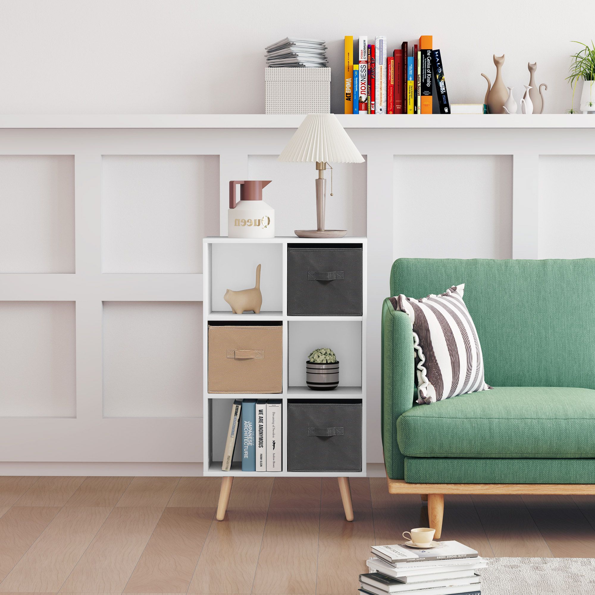 HERON Freestanding 6 Cube Unit Cabinet Unit w/ 3 Fabric Drawers Handles ...