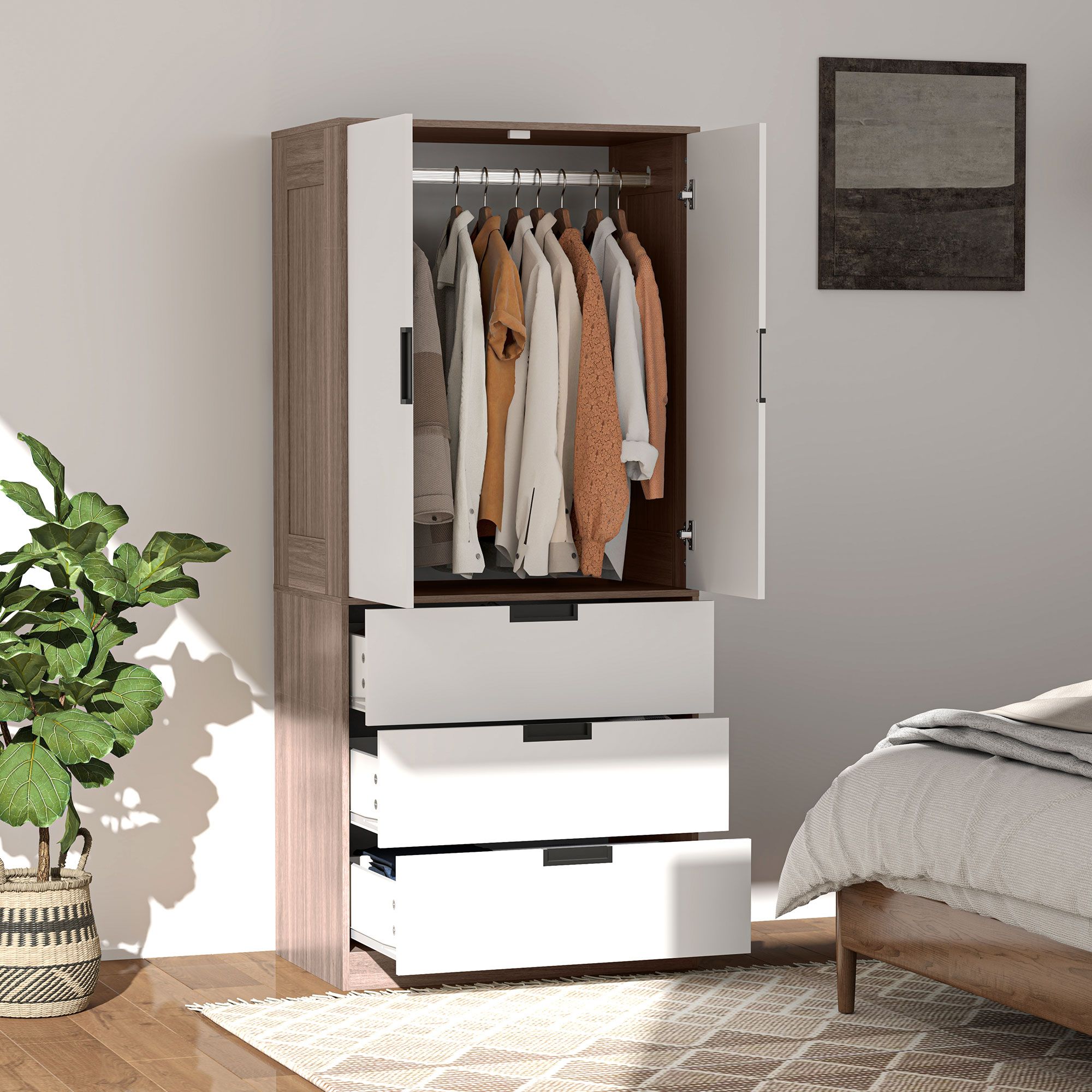 Wardrobe - HERON 2 Door Wardrobe Oak and White 80cm