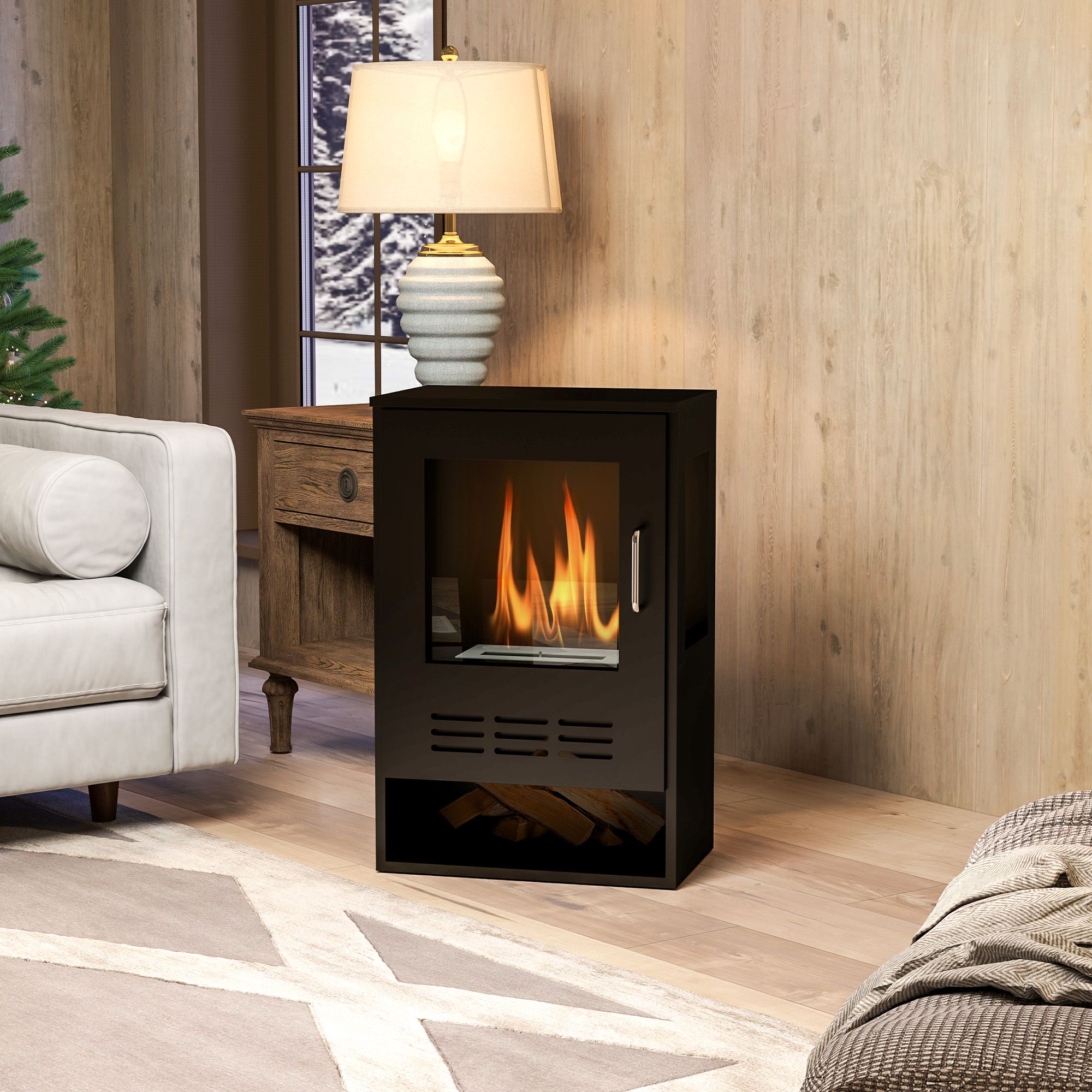 HERON Ethanol Fireplace Stove with Shelf, Freestanding Bioethanol Fire ...
