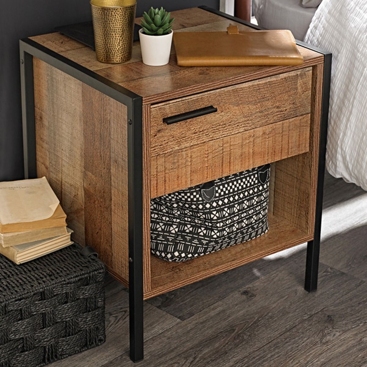 Bedside Table - HOXTON 1 Drawer Nightstand Wood 43.8cm
