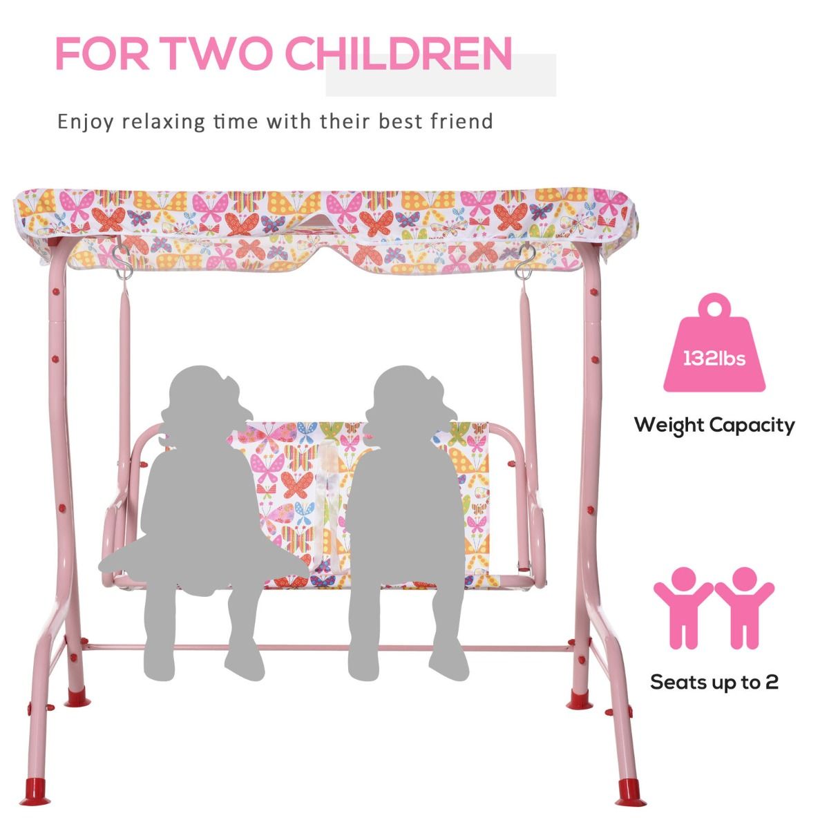 Two Seater Kids Garden Swing With Adjustable Canopy - Pink