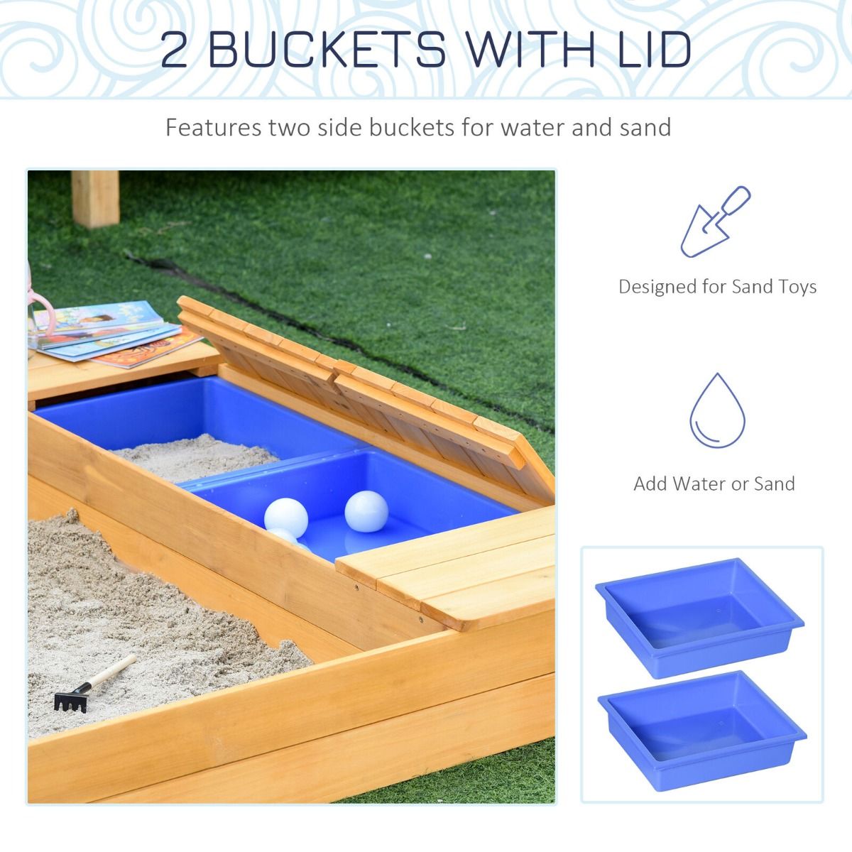 Kids Wooden Sand Pit with Side Buckets Seat