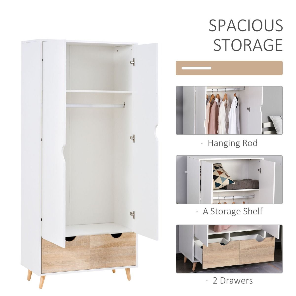 Wardrobe - FEAST 2 Door Wardrobe White and Brown 80cm