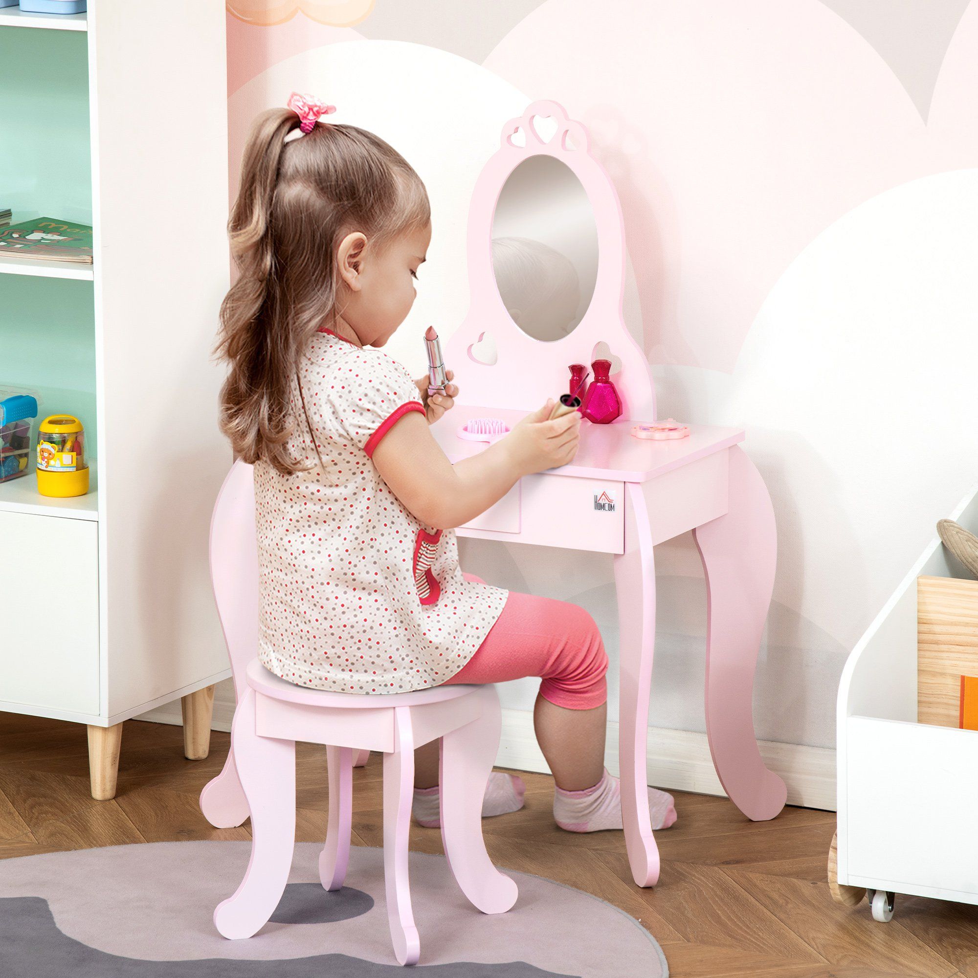 Kids Vanity Table & Stool Girls Dressing Set Make Up Desk Chair Dresser ...