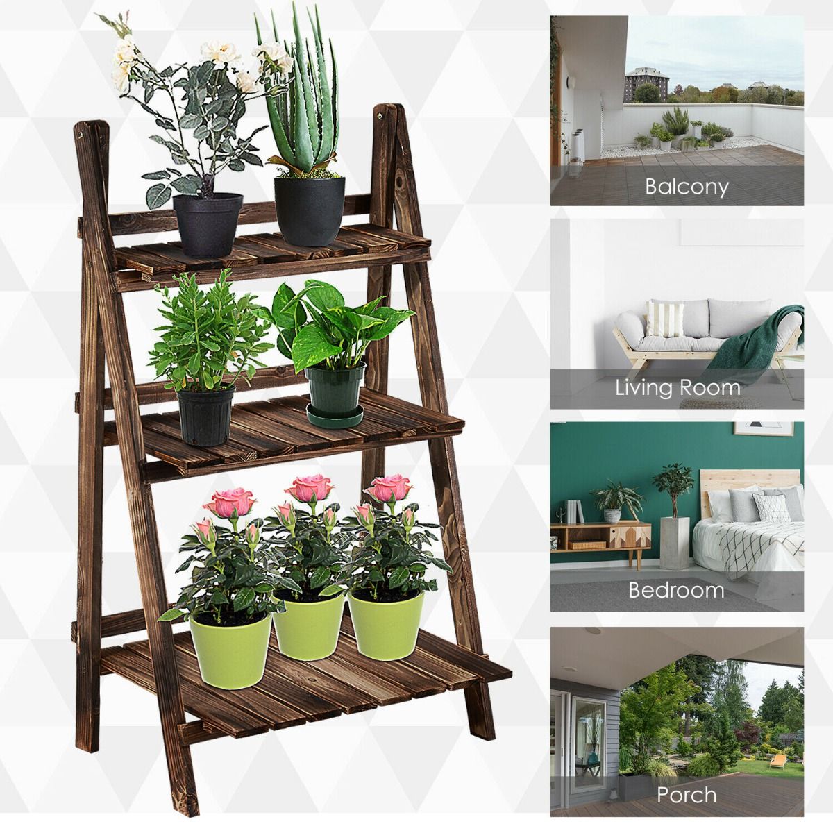 3 Tier Ladder Design Plant Pots With Shelf - Wooden