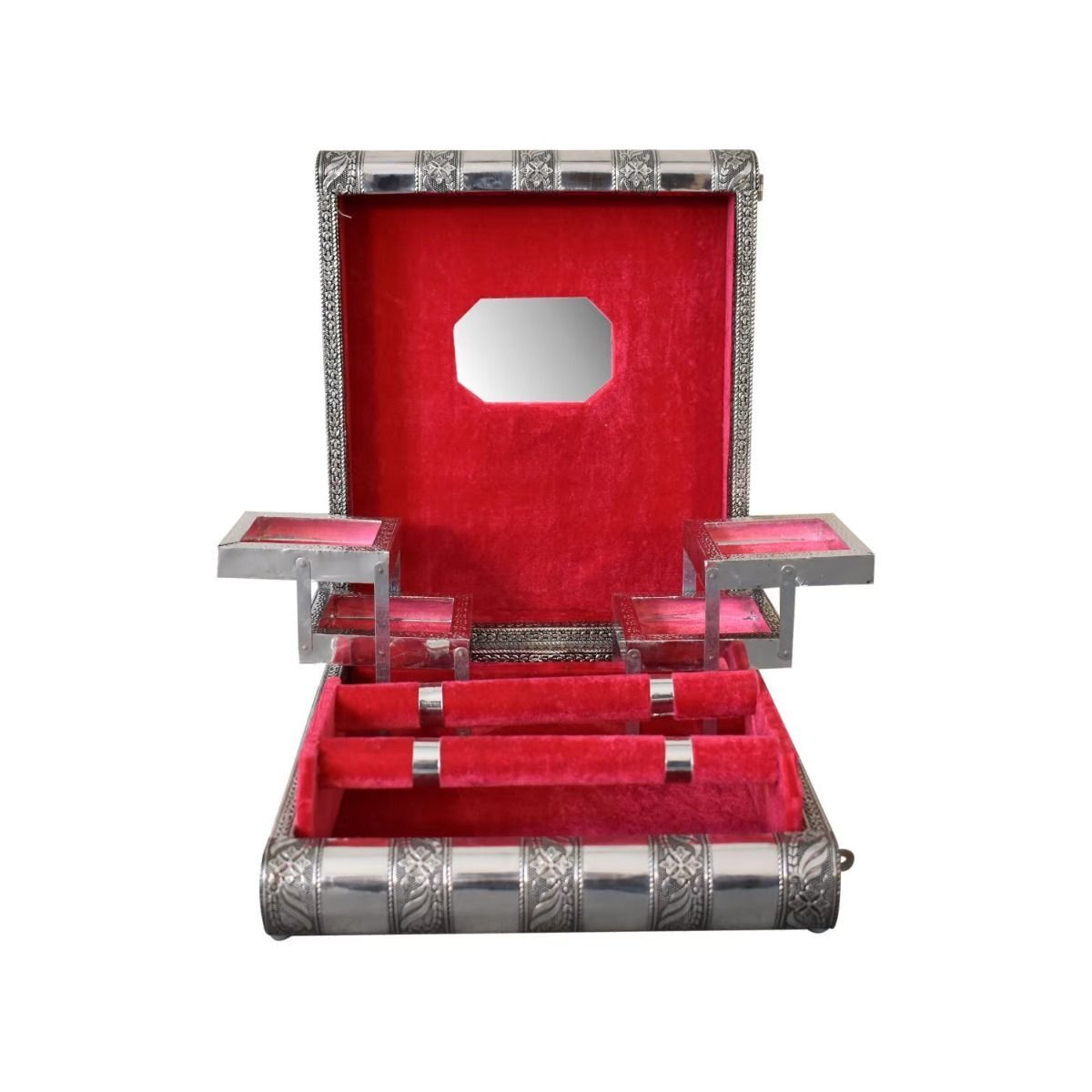 Antiqued White Metal Ruby Red Velvet Double Jewellery Box