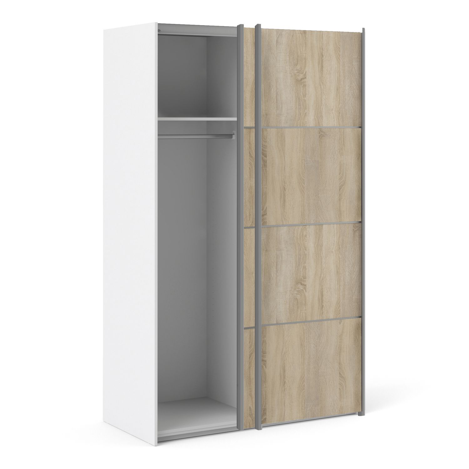 Sliding Wardrobe - VASTO 2 Door Wardrobe with 2 Shelves White and Oak 120cm