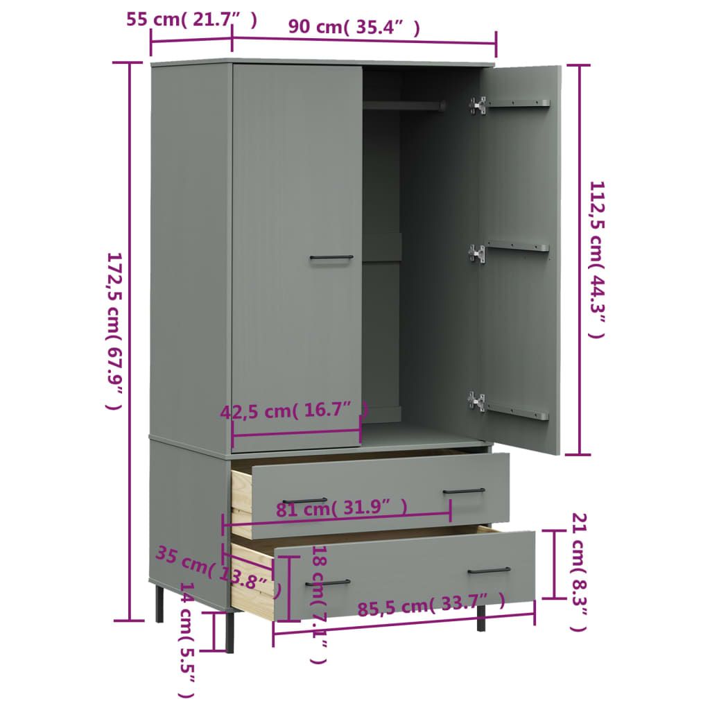 Wardrobe - OSLO 2 Door 2 Drawer Wardrobe with metal legs Grey 90cm
