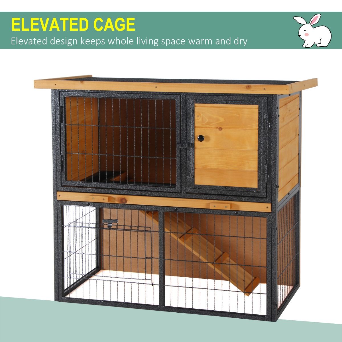 Wood-metal Rabbit Hutch Elevated Pet House Bunny Cage with Slide-Out ...