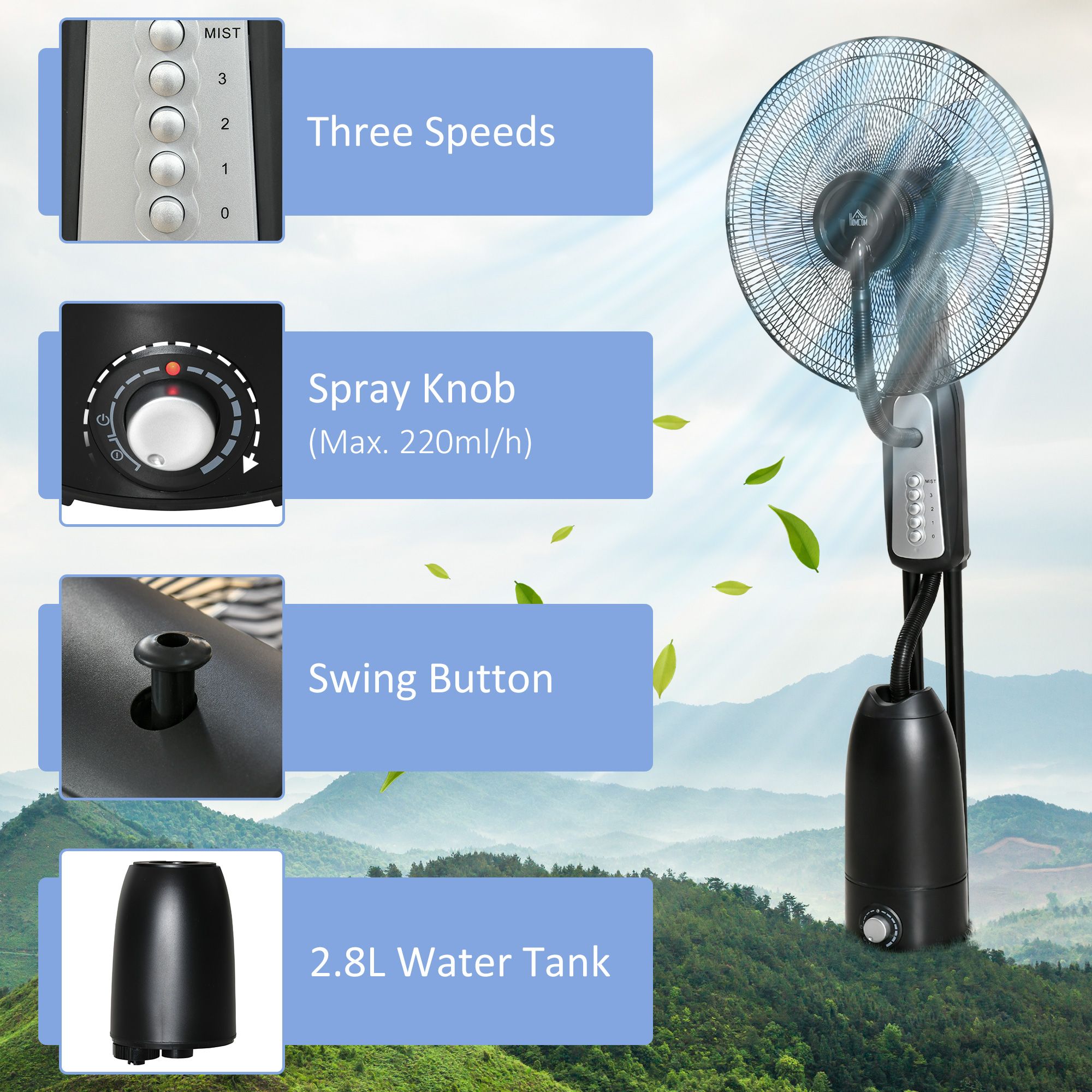 Pedestal Fan with Water Mist Spray, Standing Fan, Humidifying Misting ...