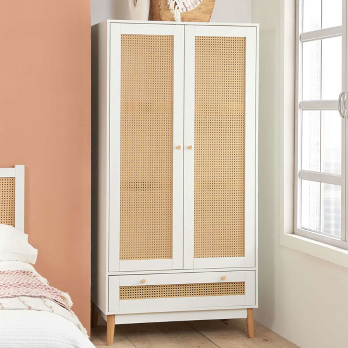Wardrobe - CARDANO 2 Door 1 Drawer Rattan Wardrobe White 90cm
