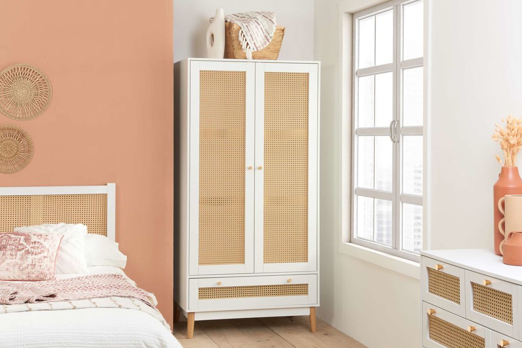 Wardrobe - CARDANO 2 Door 1 Drawer Rattan Wardrobe White 90cm
