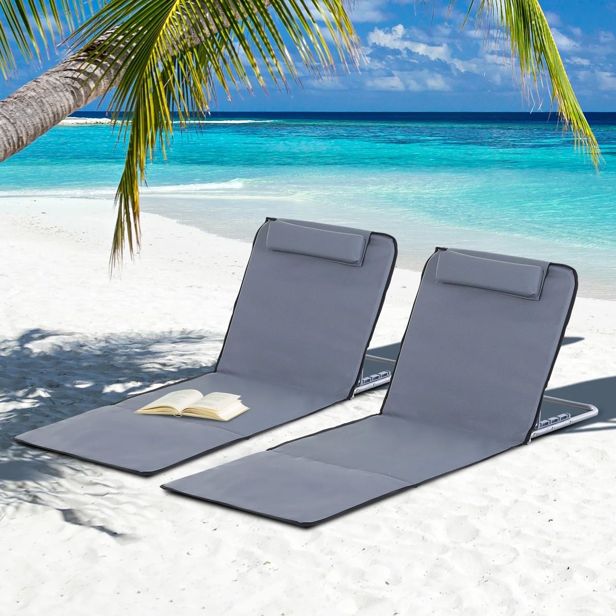 Steel Frame Set of Two Reclining Beach Mats - Grey