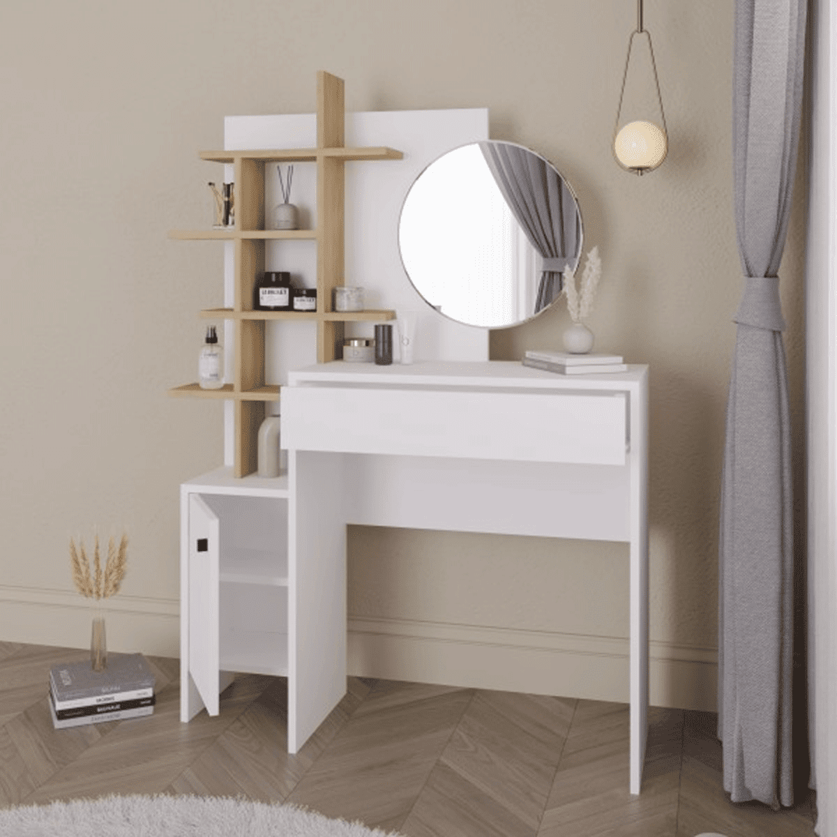 Elysian Haven Five Tier Open Shelf Dressing Table with Round Mirror ...