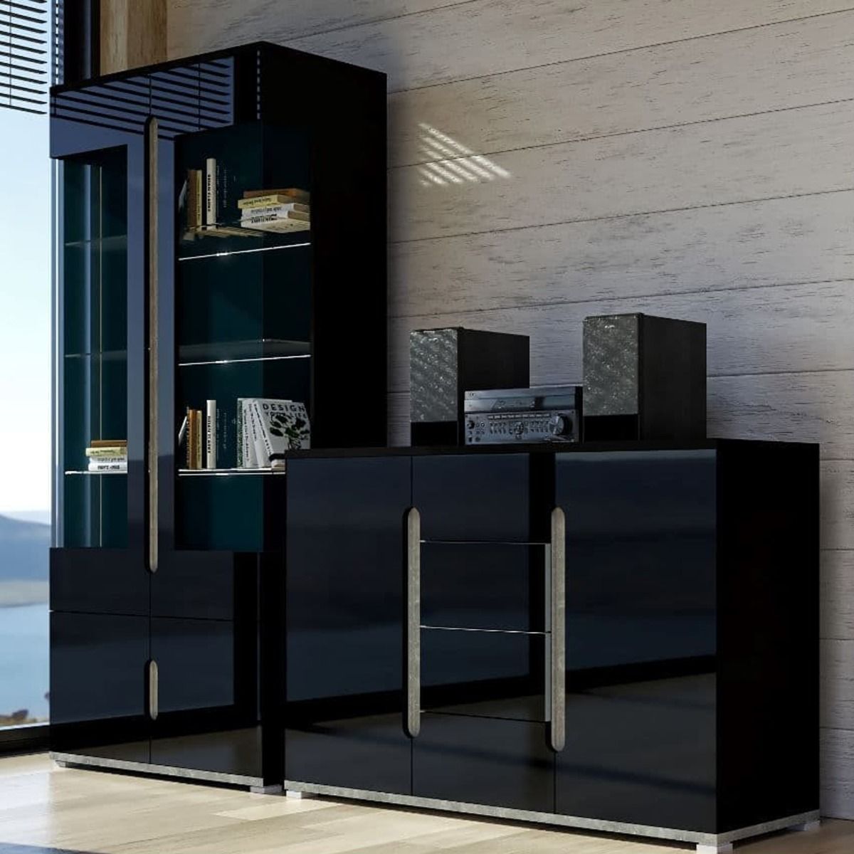 Edney High Gloss Display Cabinet with 6 Glass Shelves - Grey Concrete ...