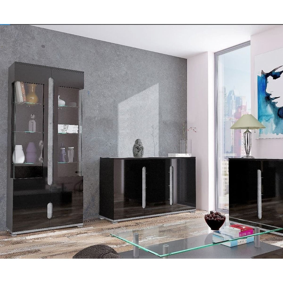 Edney High Gloss Display Cabinet with 6 Glass Shelves - Grey Concrete ...