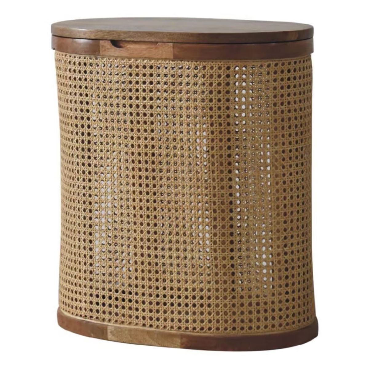 Solid Mango Wood Storage Stool with Rattan Base - Oak Finish
