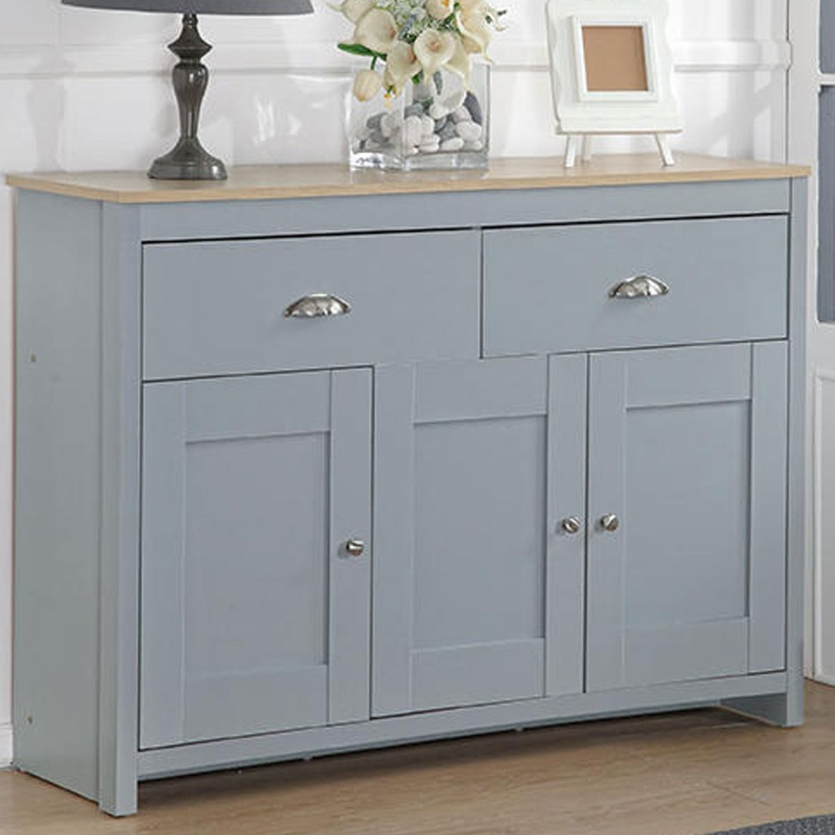 Solid Wooden Oak Top Large Sideboard with Door and Drawer - Grey or White