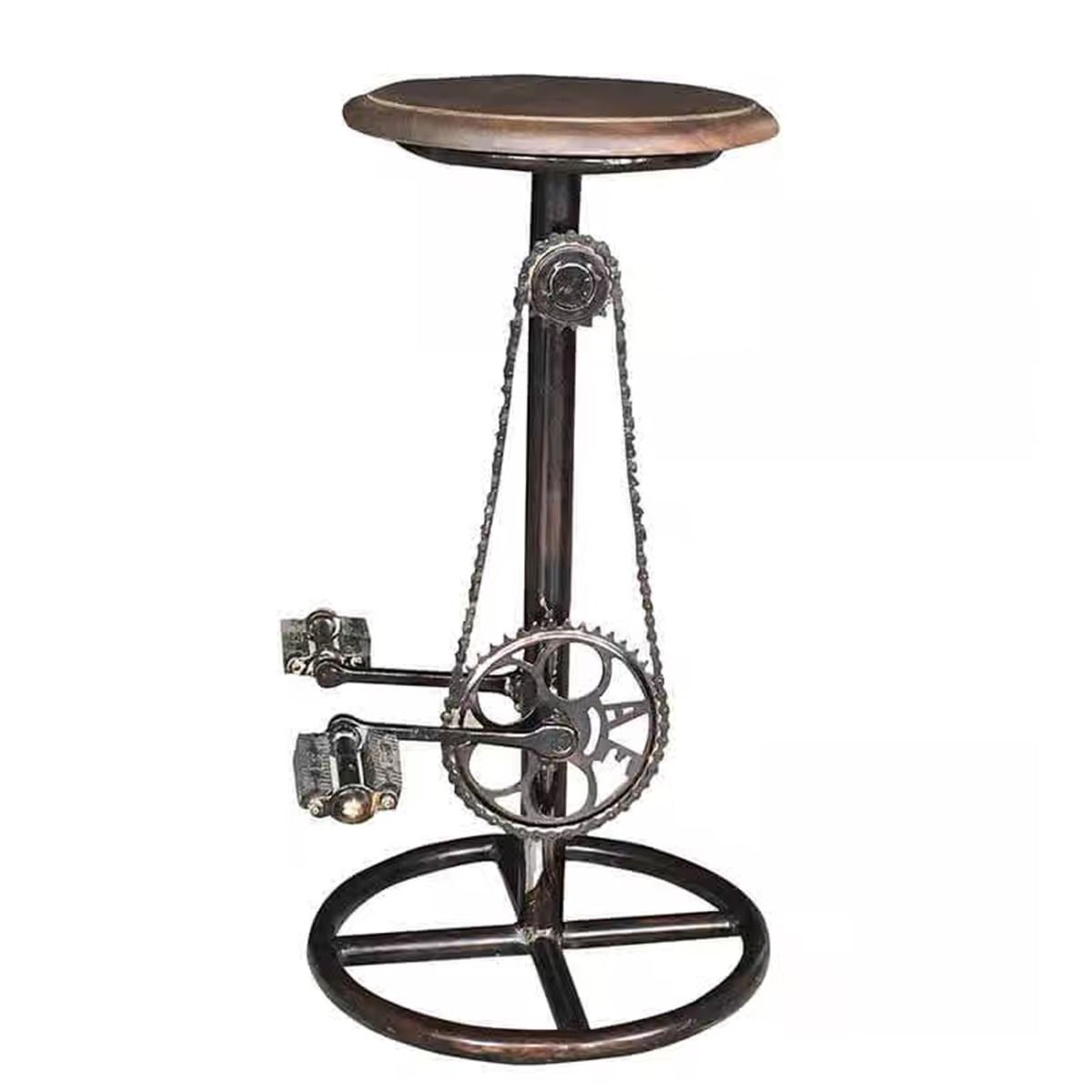 Black Upcycled Bicycle Stool Wood Seat Bar Stool - Brown