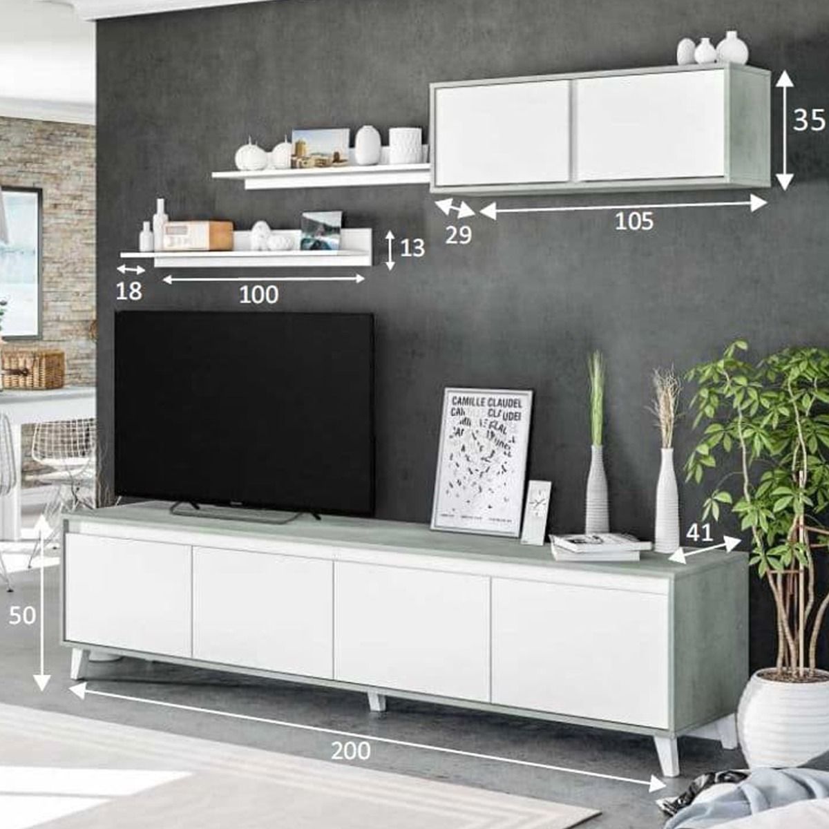 Concrete Grey and White TV Cabinet with Wall-Mounted Cupboards and Shelf