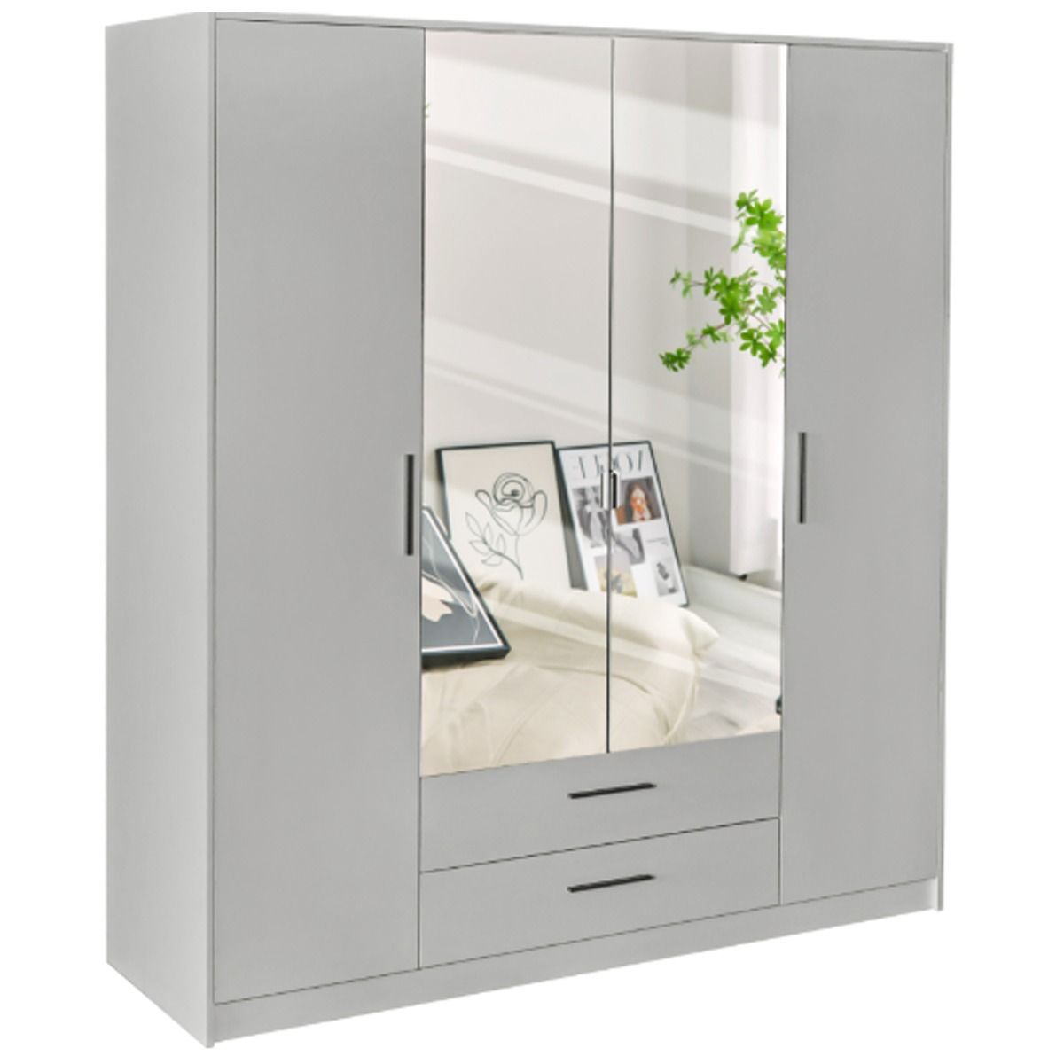 Wardrobe - WINSTEAD 4 Door Mirrored Wardrobe Matt White 180cm