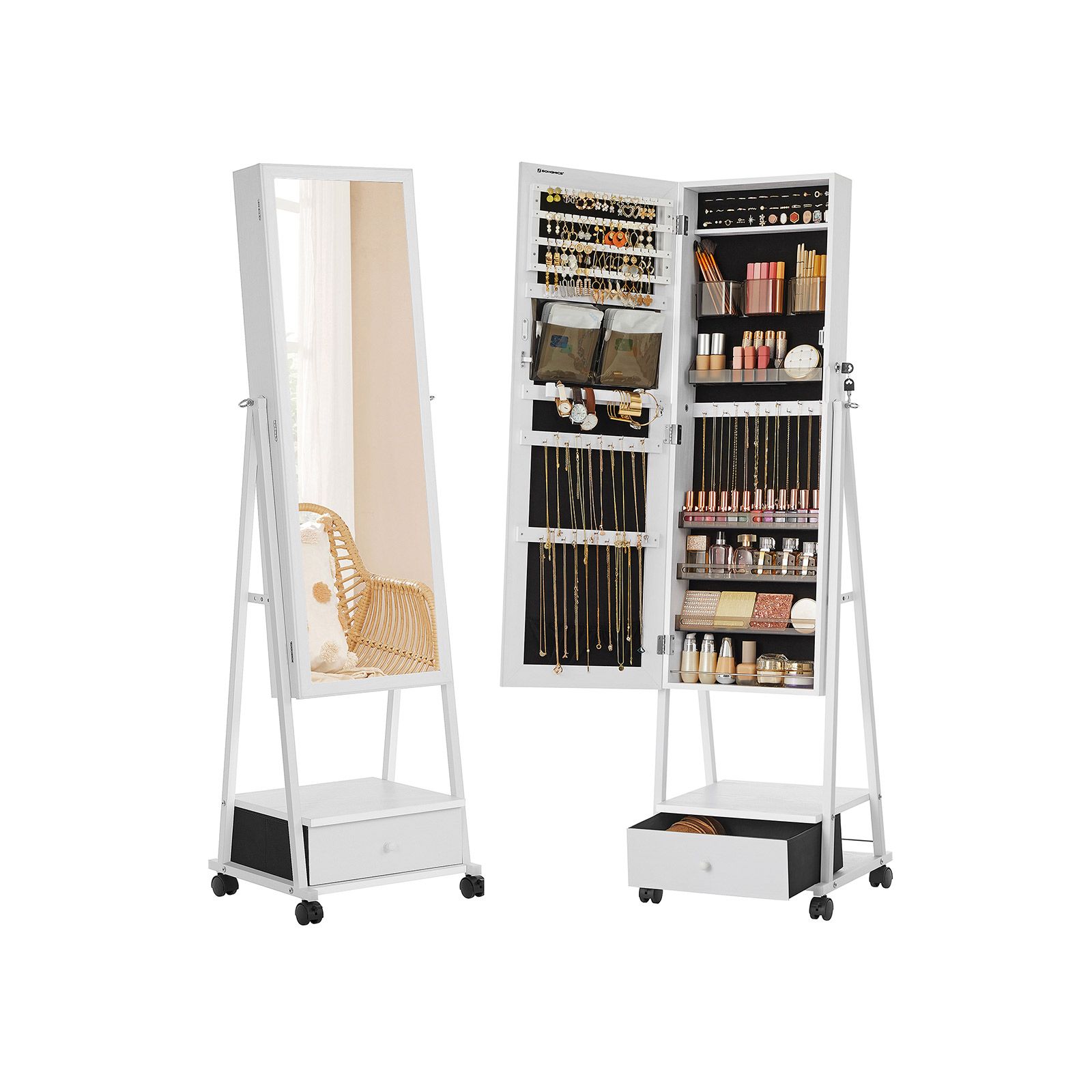 White Movable Jewellery Armoire with Drawer