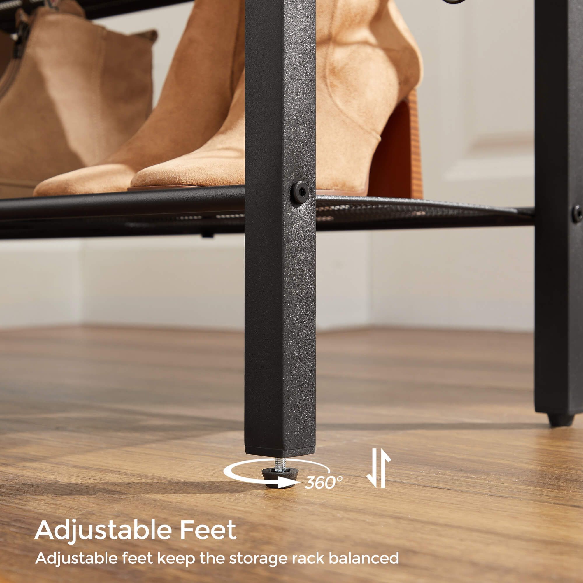 Industrial Brown Shoe Rack with Raised Edge & Hooks