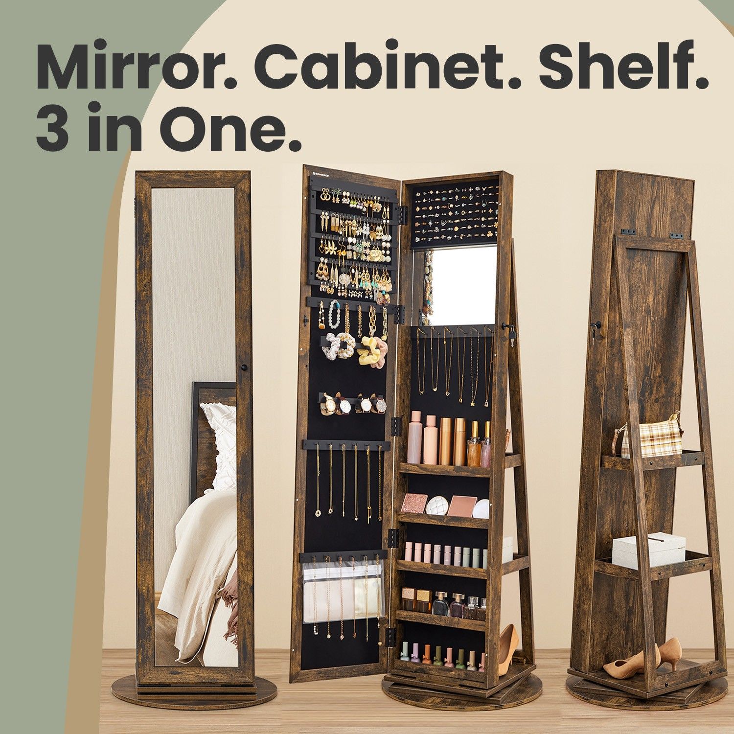 Jewellery Cabinet - VERRIA Freestanding Organizer with Full-Length Mirror Spin Swivel - Camel Brown