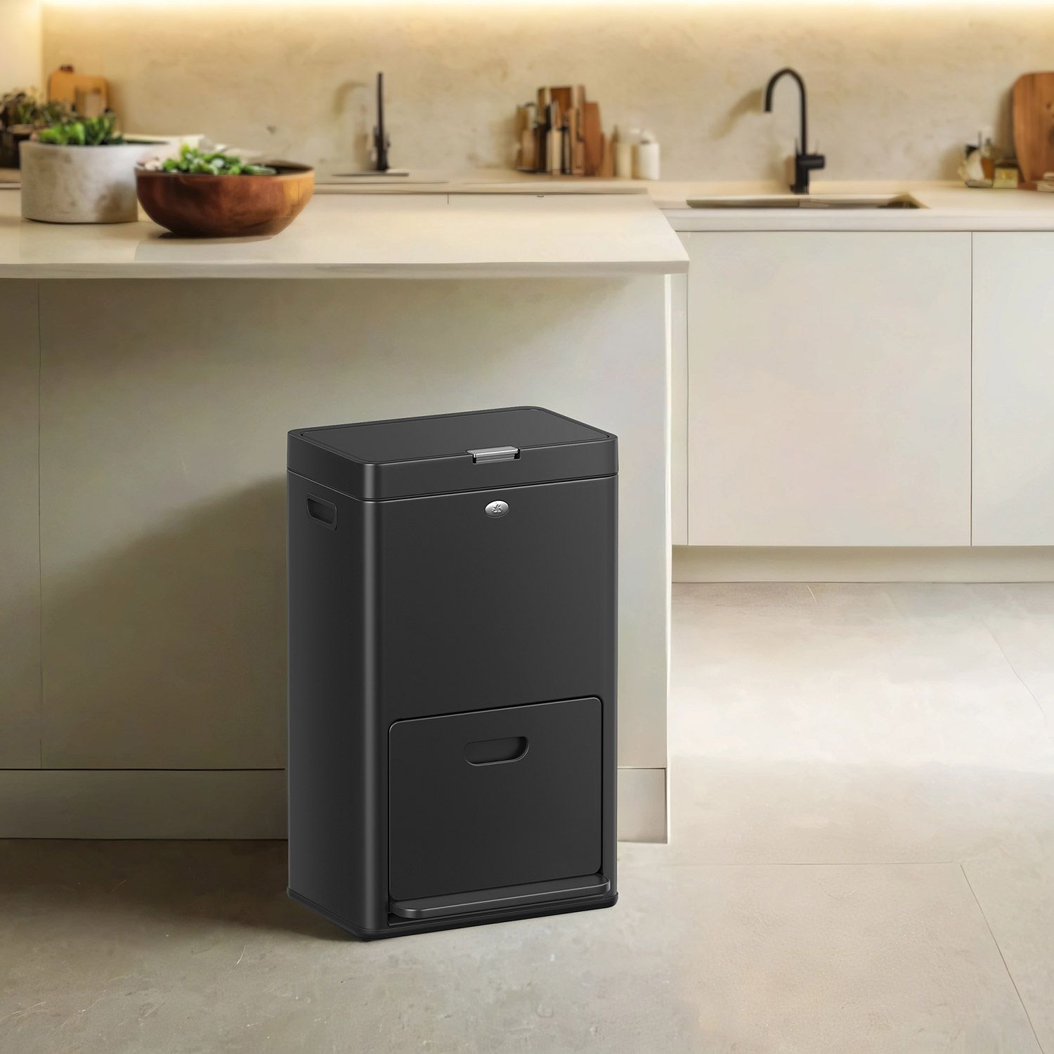 Kitchen Bin - VERRA 3 Compartment General Food Recycling Bin - Black