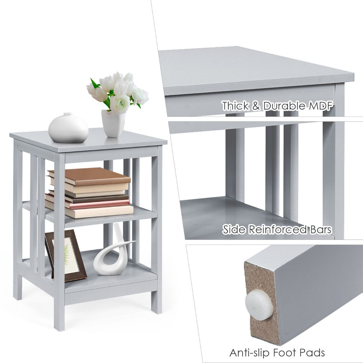 Bedside Table - ROMSEY Nightstand Grey 40.6cm