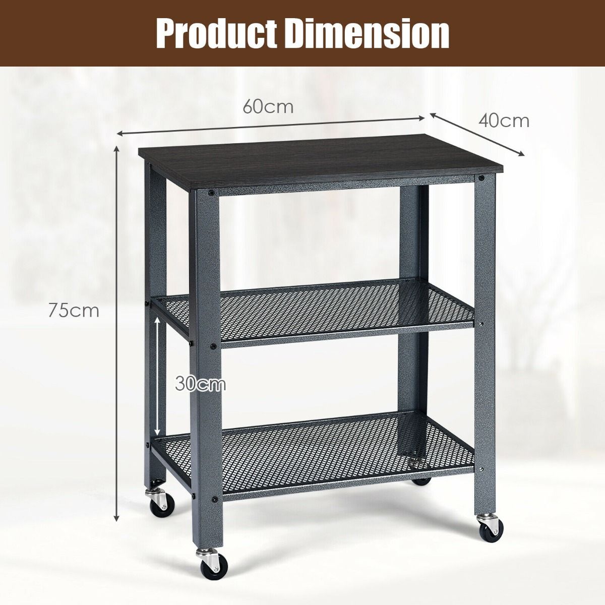 Kitchen Trolley - 3 Tier Kitchen Utility Trolley with Wheels-Grey