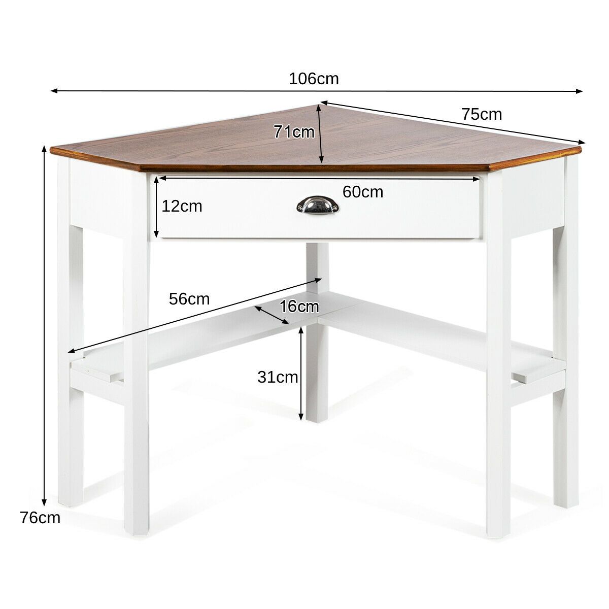 Corner Table / Computer Desk with Drawer and Shelves-Natural