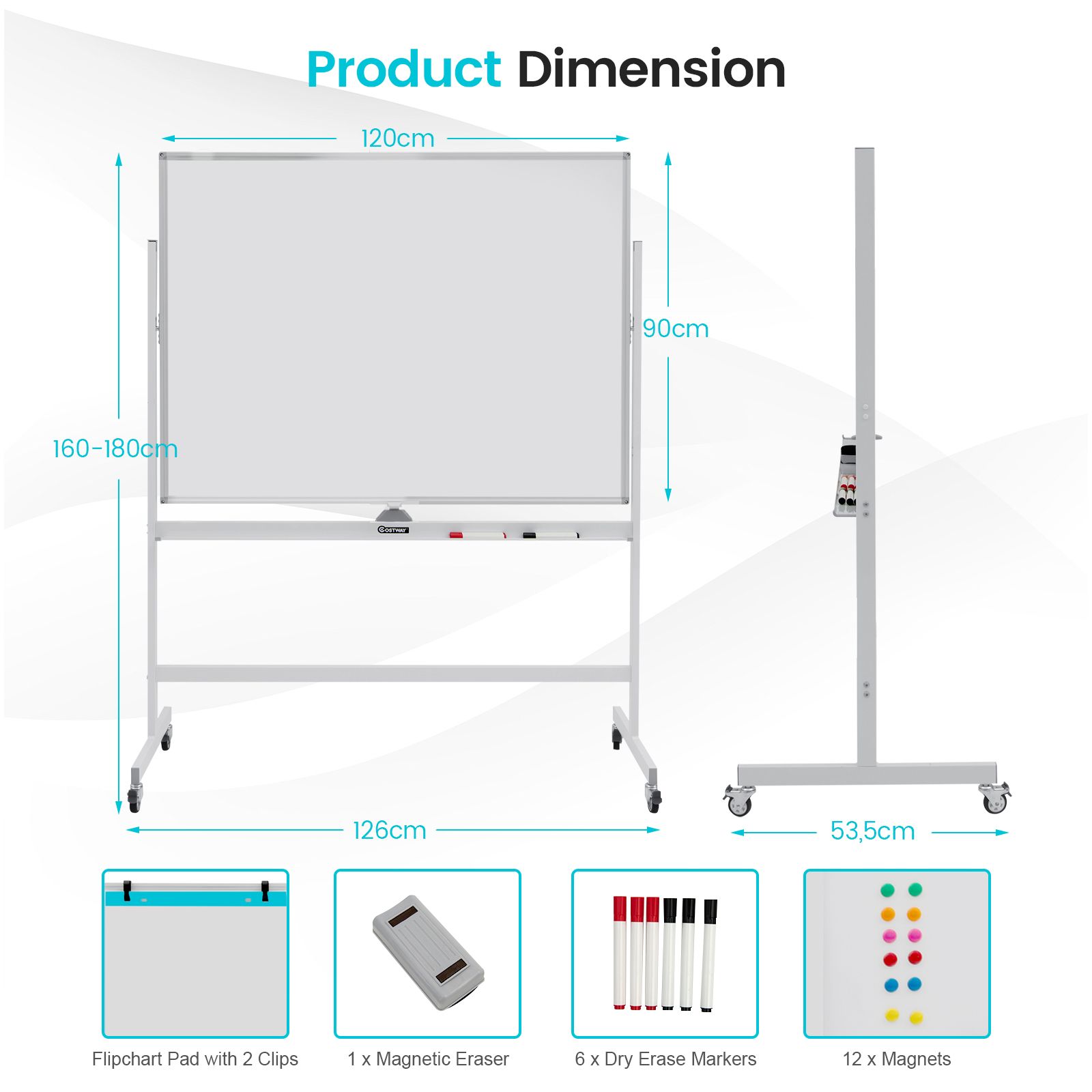 Height Adjustable Magnetic Double Sided Whiteboard with Wheels-White