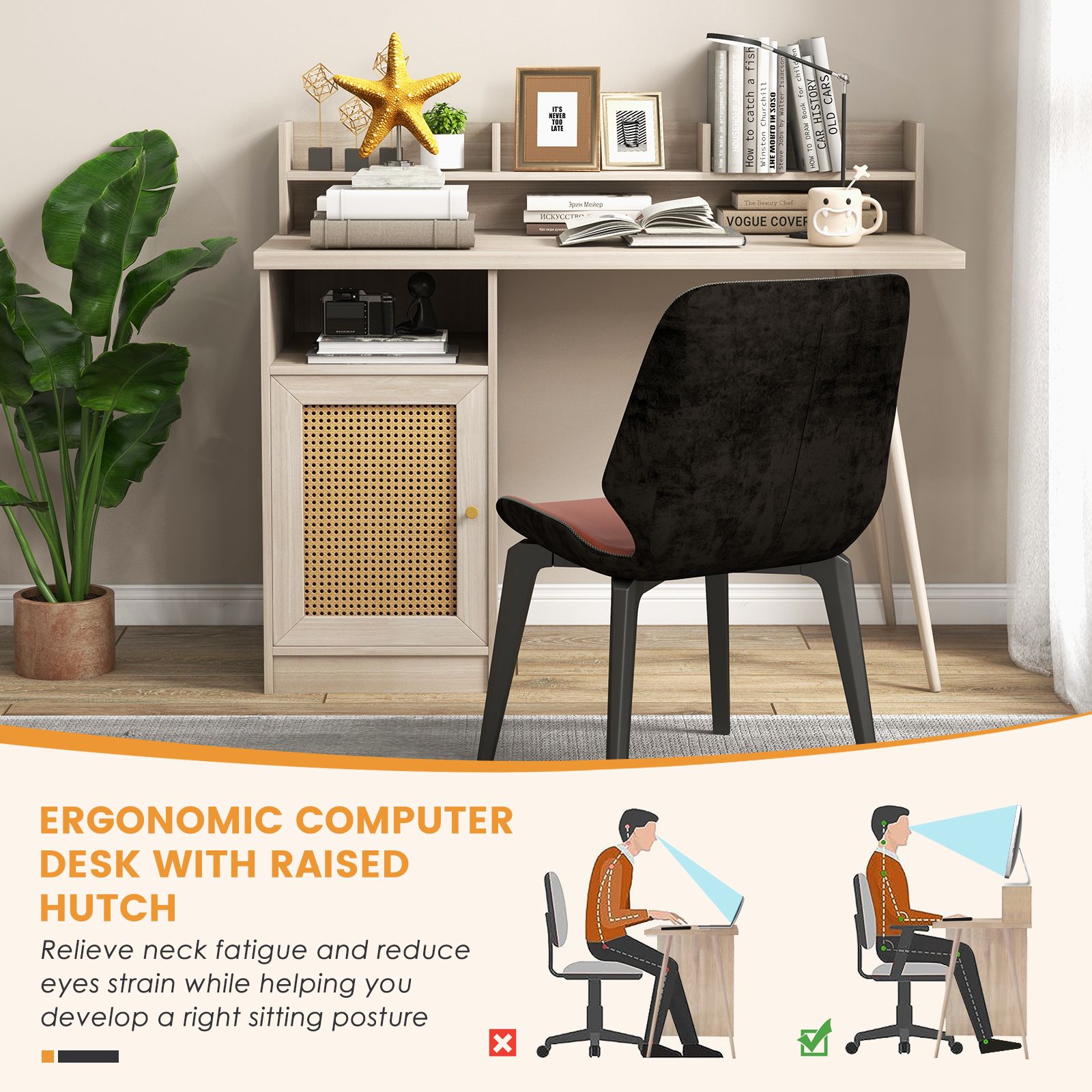 Mid Century Computer Desk with Hutch, PE Rattan Cabinet and Shelves ...