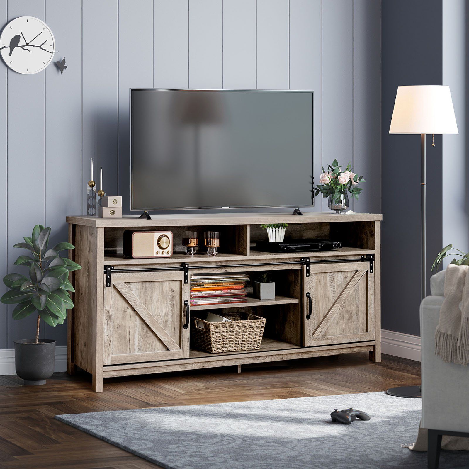 ULAXO Sliding Barn Door Farmhouse Flat Screen Console for 65 Inch TVs-Grey