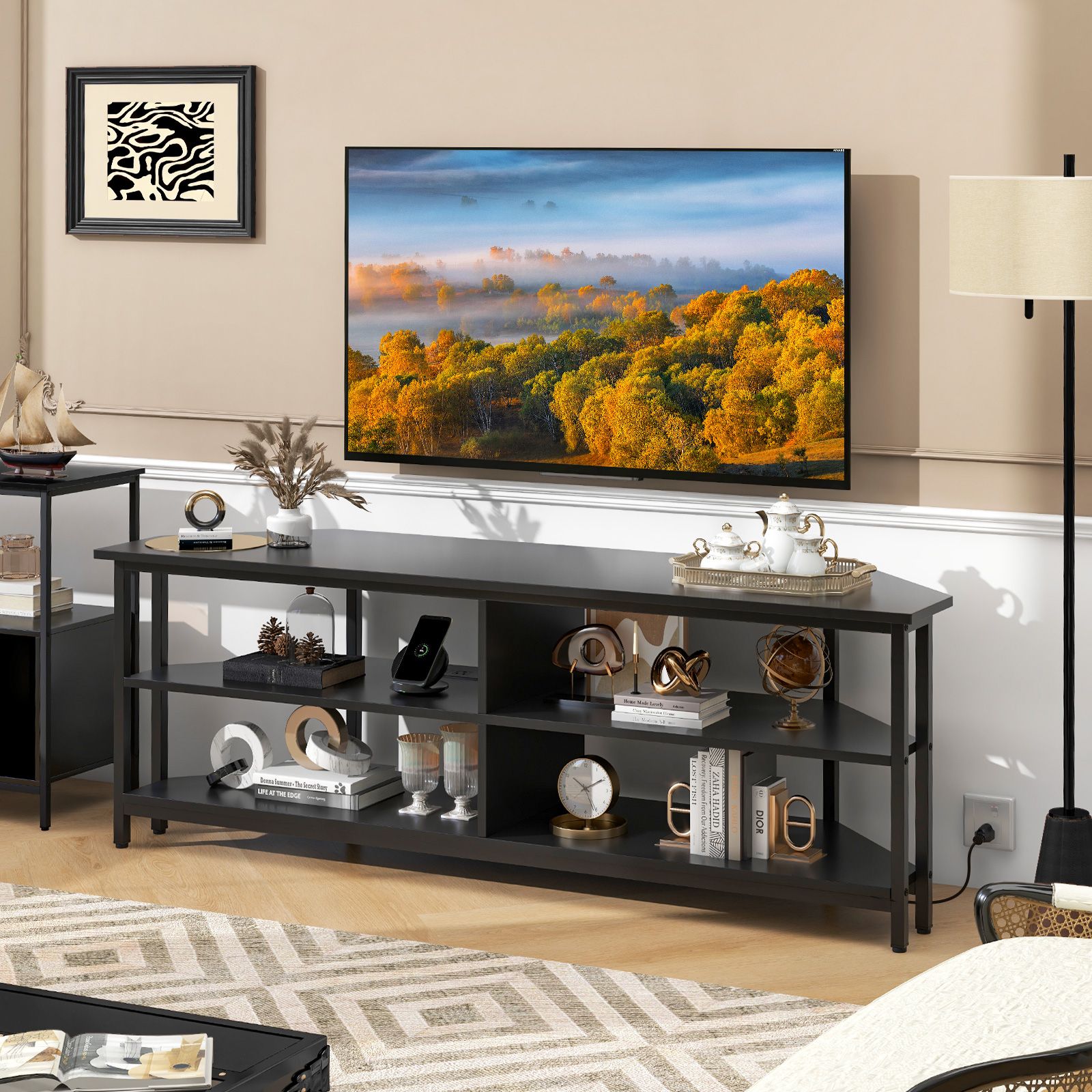 TV Stand - Corner TV Stand with AC Outlets and Storage Shelves-Black