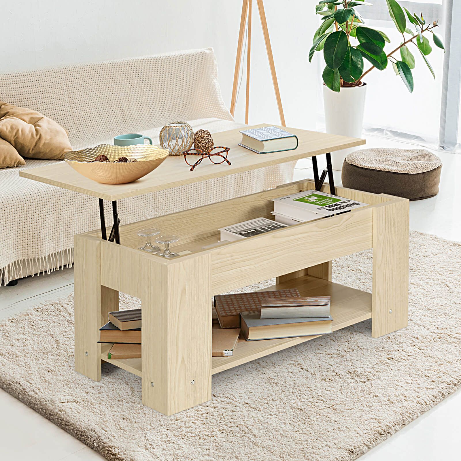 Height Adjustable Coffee Table with 2 Shelves and Liftable Top-Natural